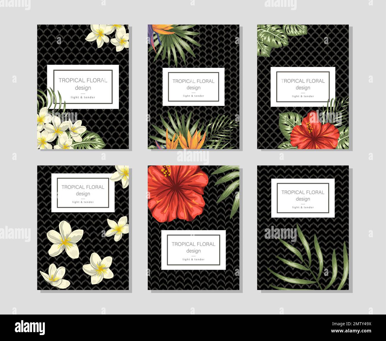 Tropical floral templates with hand drawn bunches of plumeria, hibiscus ...