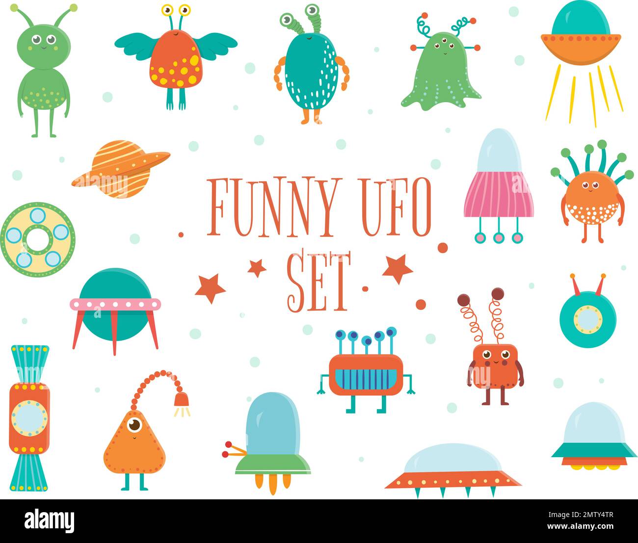 Vector set of cute aliens, UFO, flying saucer for children. Bright and ...