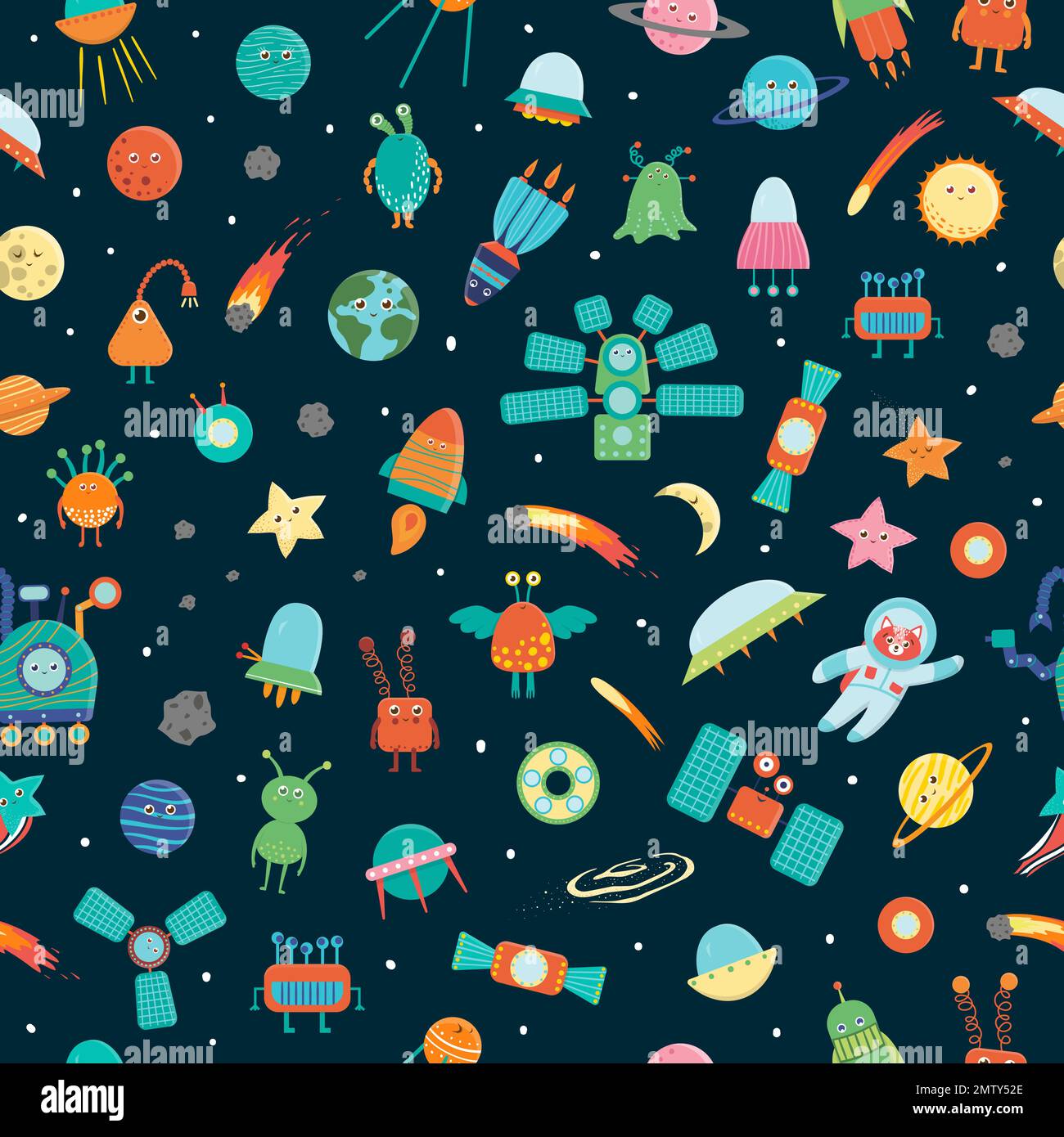 Vector seamless pattern of space objects. Bright and cheerful repeat ...