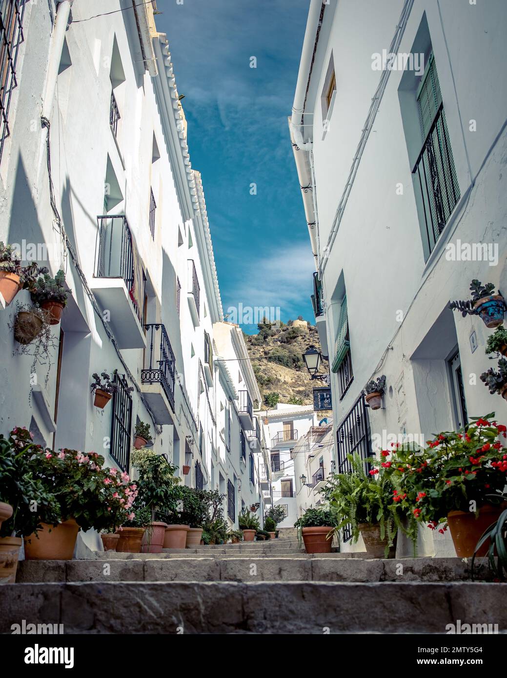 A white building with flowers in Malaga, Spain under the blue sky Stock ...
