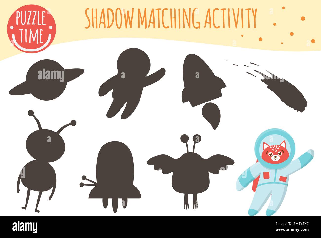 Shadow matching activity for children. Space topic. Cute funny smiling ...