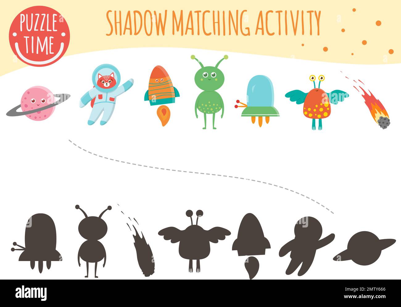 Shadow matching activity for children. Space topic. Cute funny smiling ...