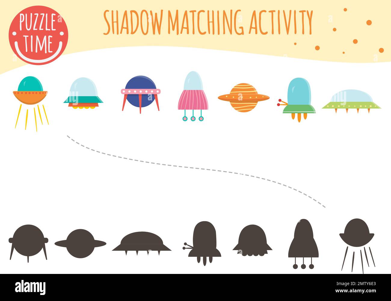Shadow matching activity for children. Space topic. Cute funny ufo and ...