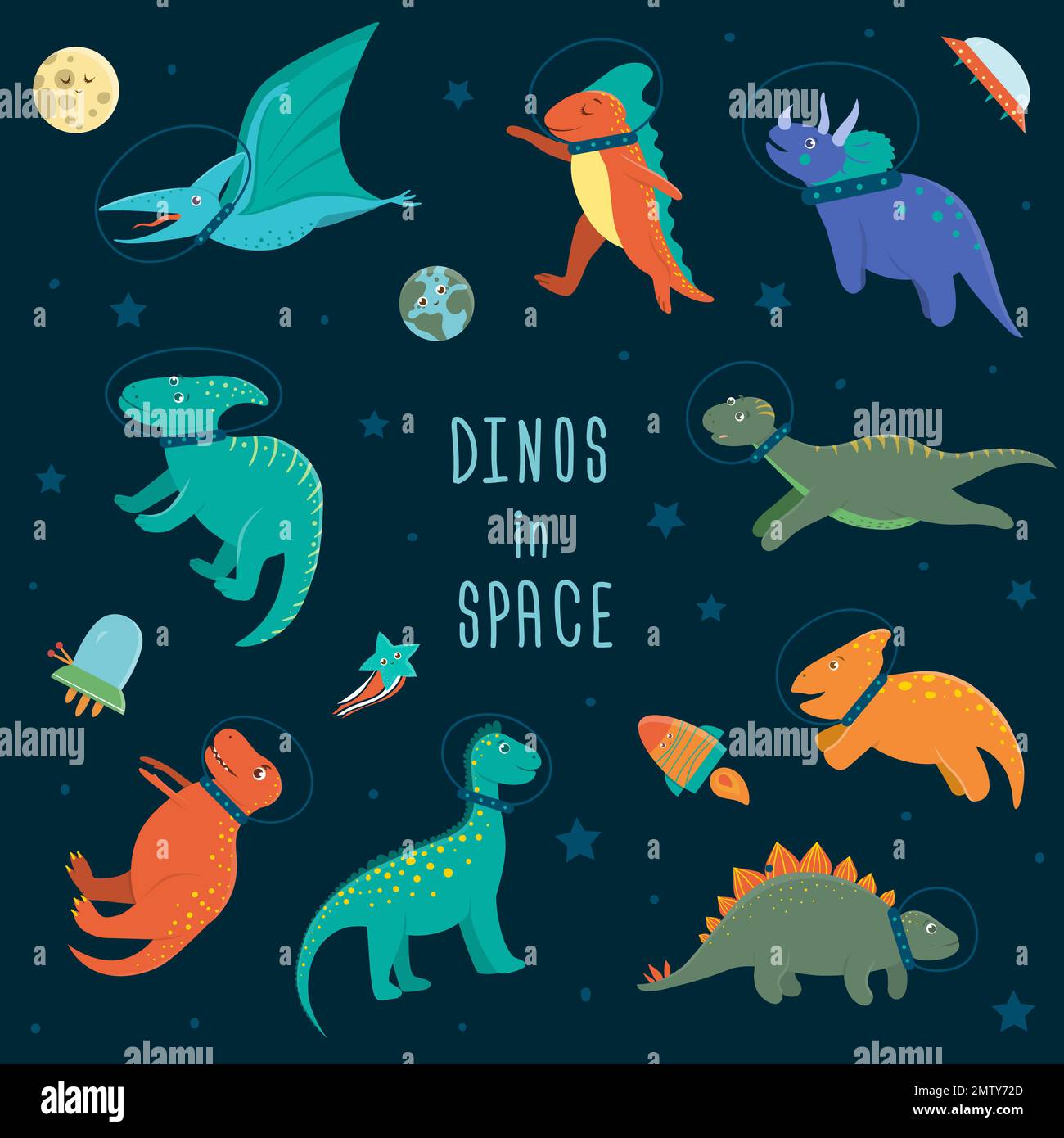 Vector set of cute dinosaurs in outer space. Funny flat cosmic dino ...