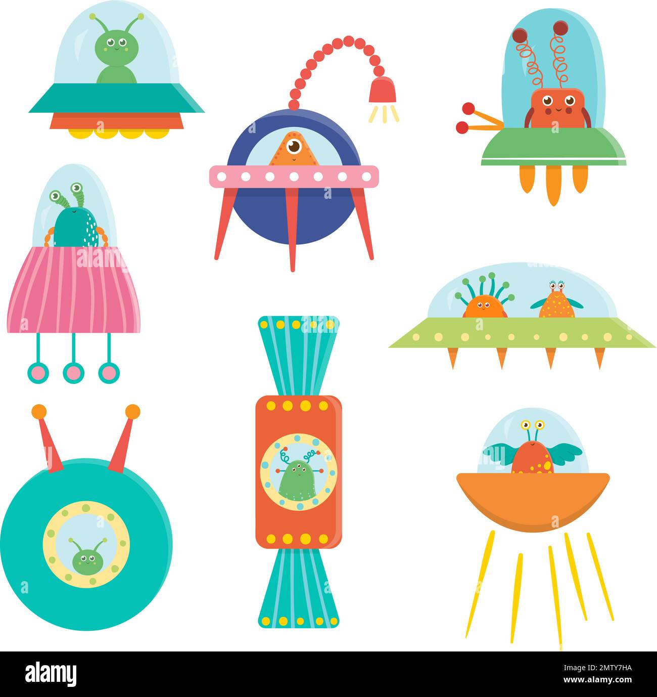 Vector set of cute aliens, ufo, flying saucer for children. Bright and ...