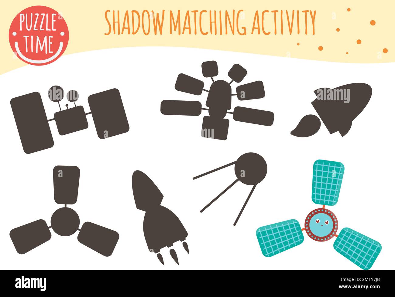 Shadow matching activity for children. Space technics. Cute funny ...