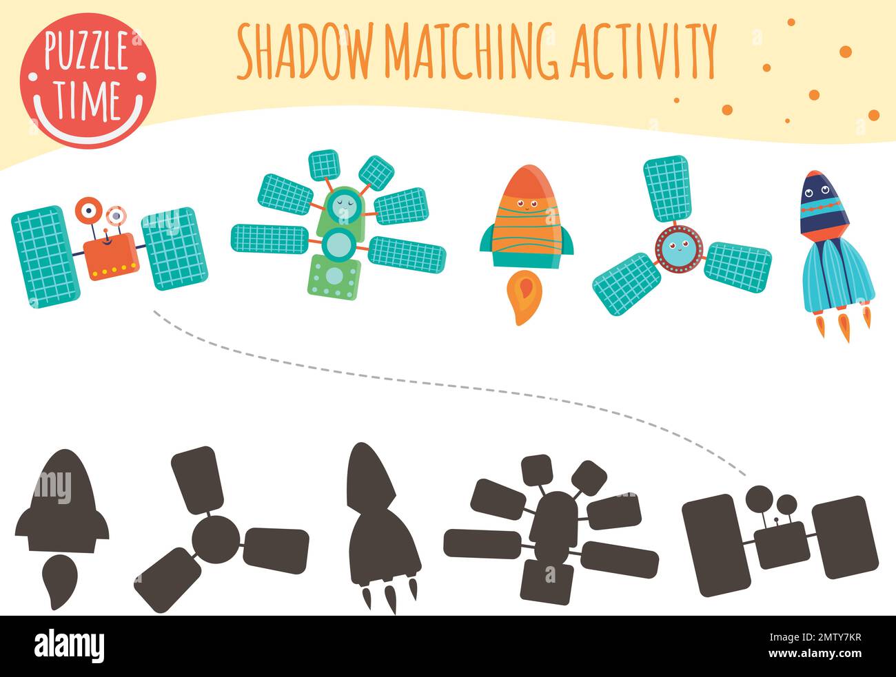 Shadow matching activity for children. Space technics. Cute funny ...