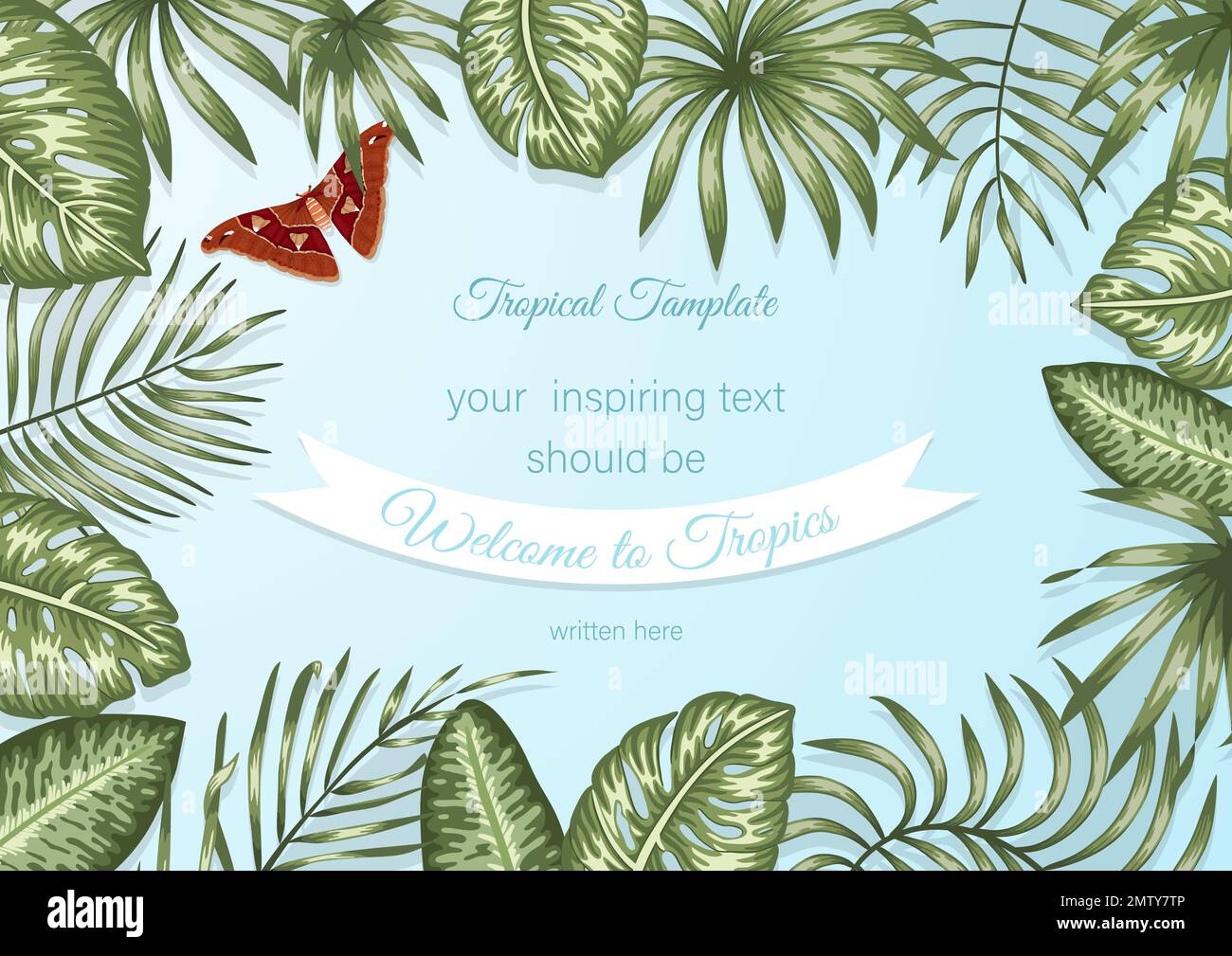 Vector frame template with tropical leaves and atlas moth on blue ...