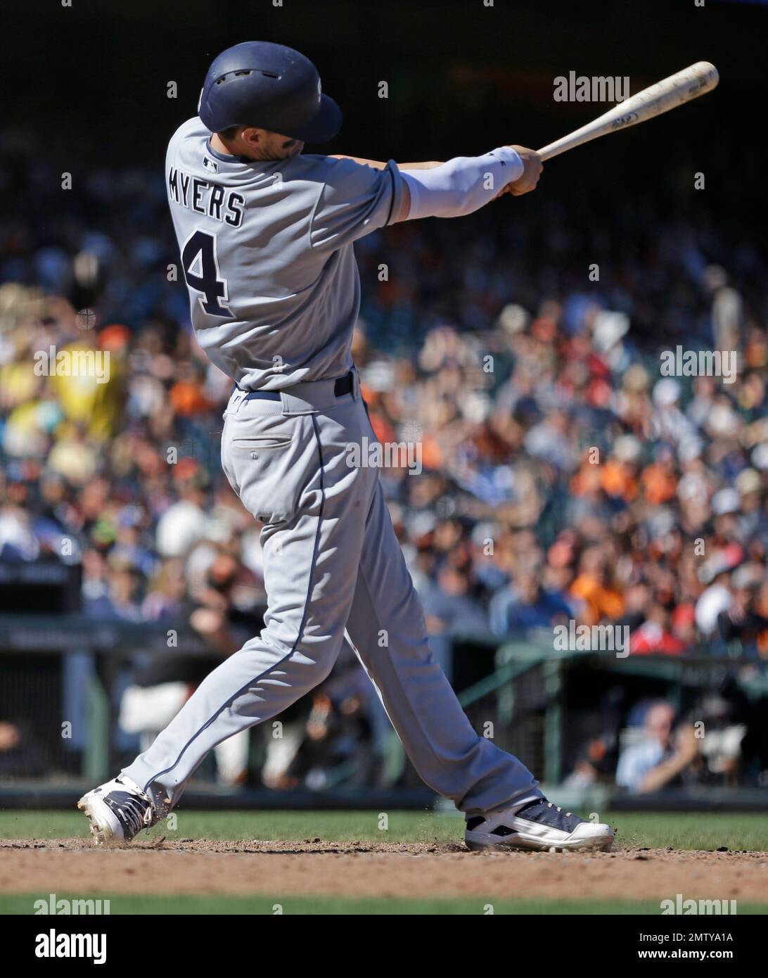 San Diego Padres' Wil Myers swings for a three-run home run off San ...