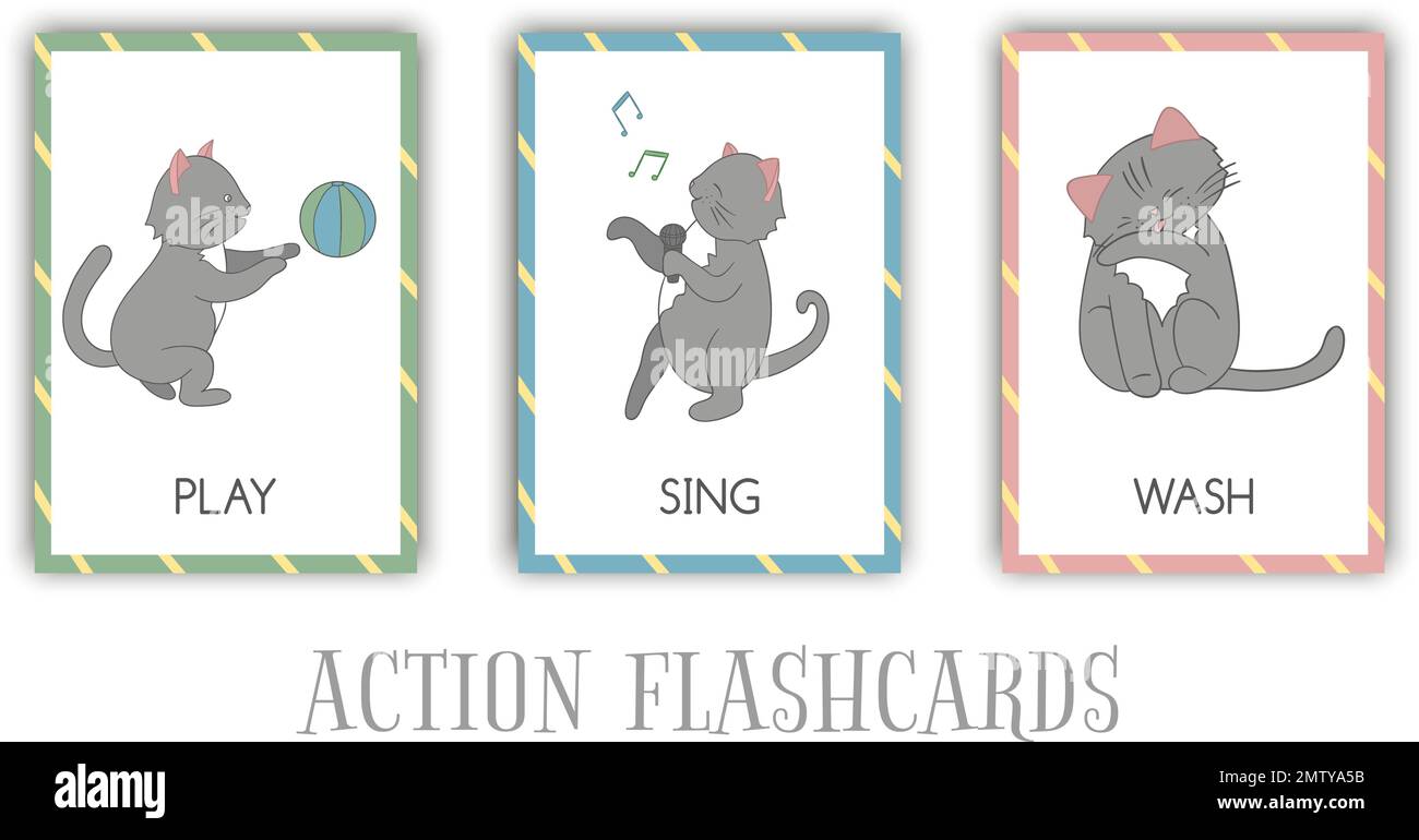 Vector set of actions flash cards with cat. Cute character playing ... Vector set of actions flash cards with cat. Cute character playing ...