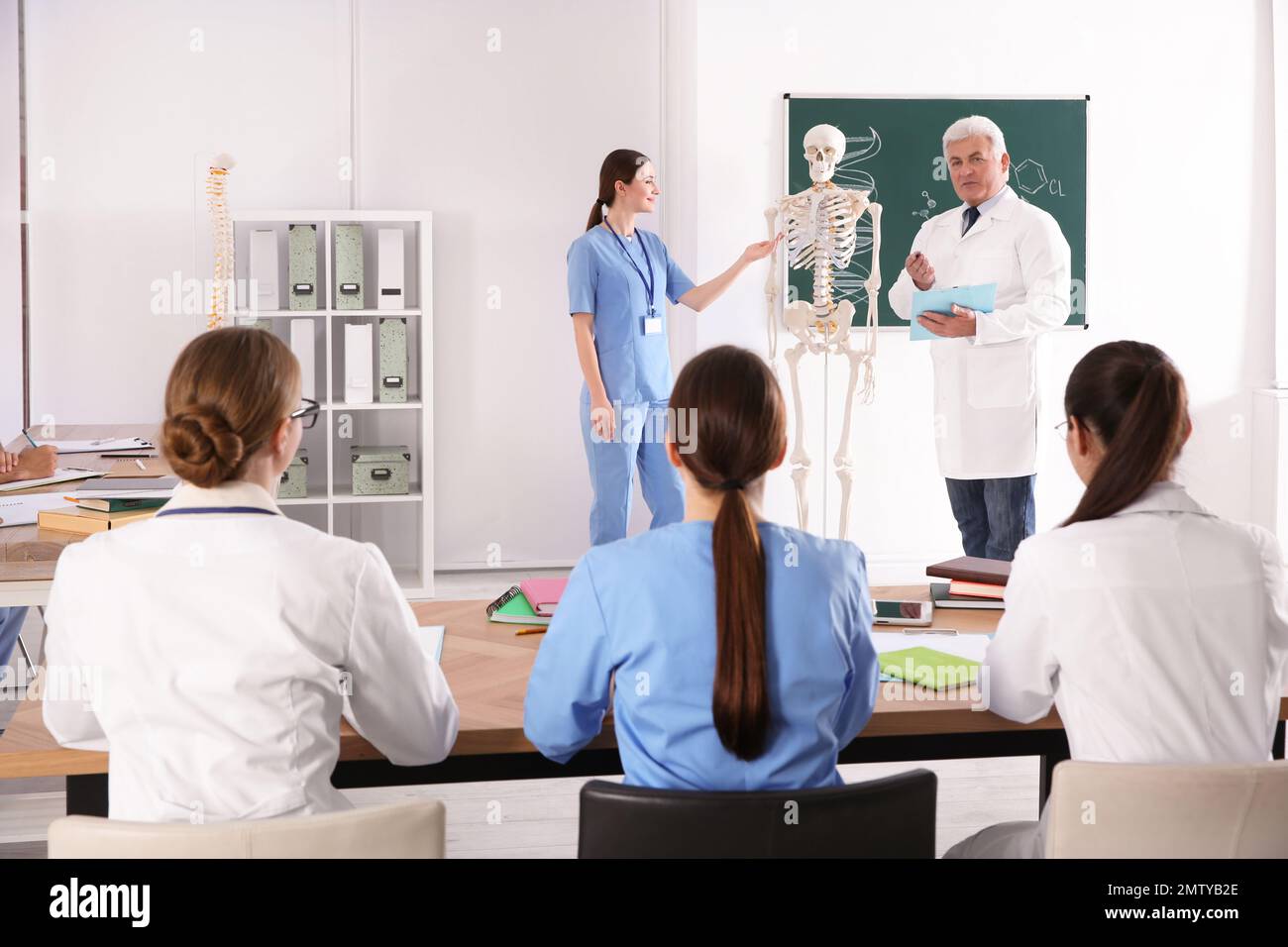 Medical students and professor studying human skeleton anatomy in ...