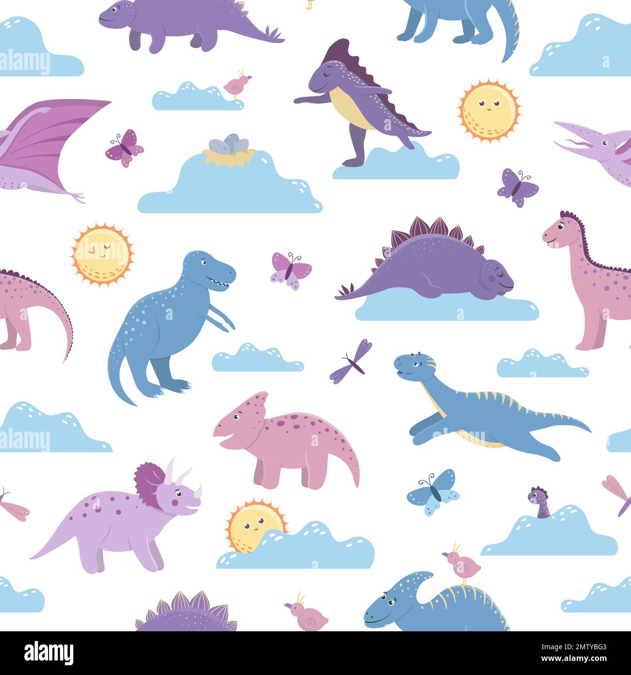 Vector seamless pattern with cute dinosaurs on day sky with clouds, sun ...