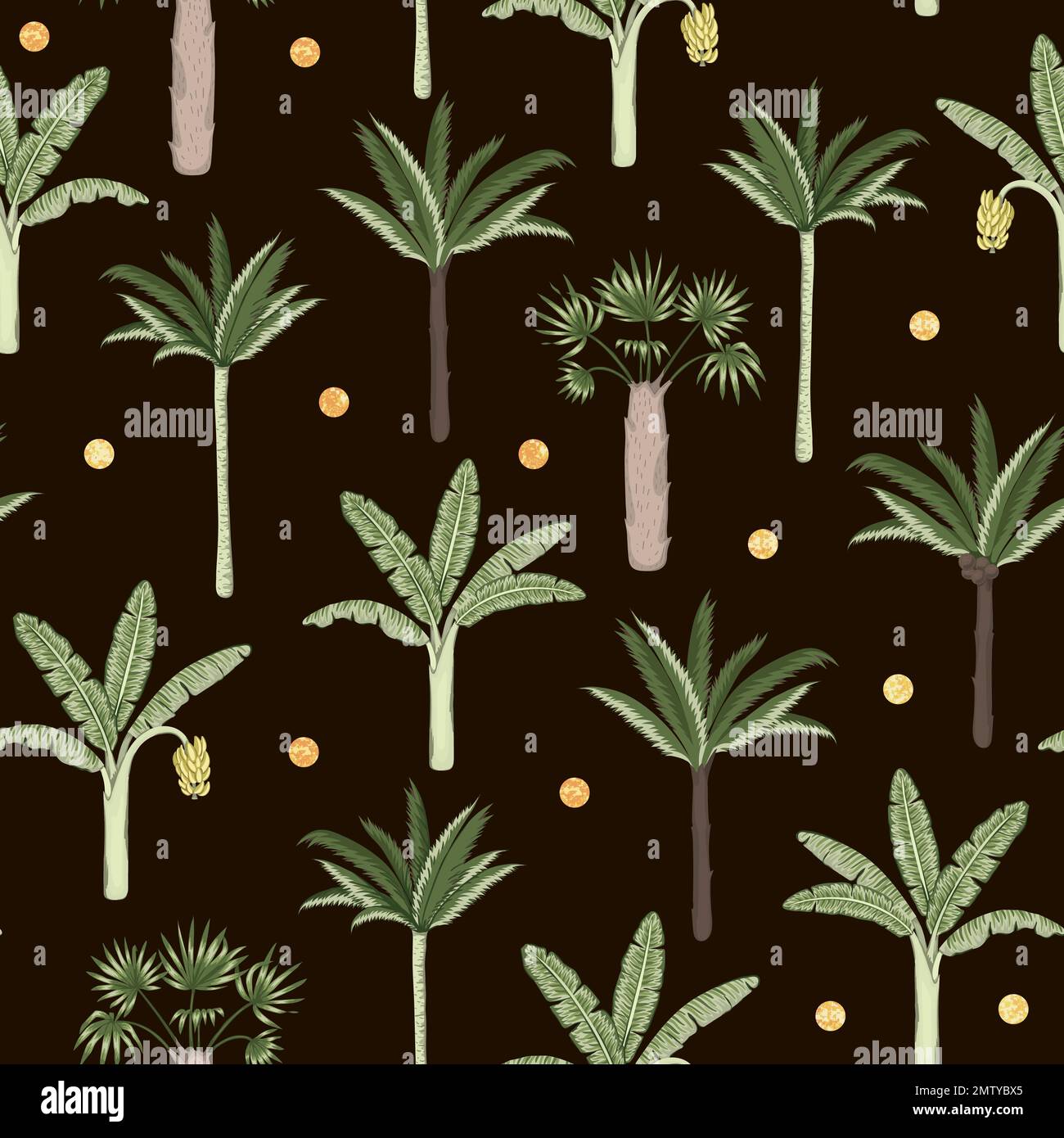 Vector seamless pattern of palm and banana trees with golden confetti on black background ...