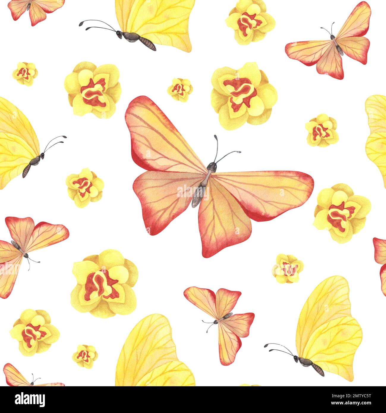 seamless pattern red, yellow butterfly with daffodils flowers isolated ...