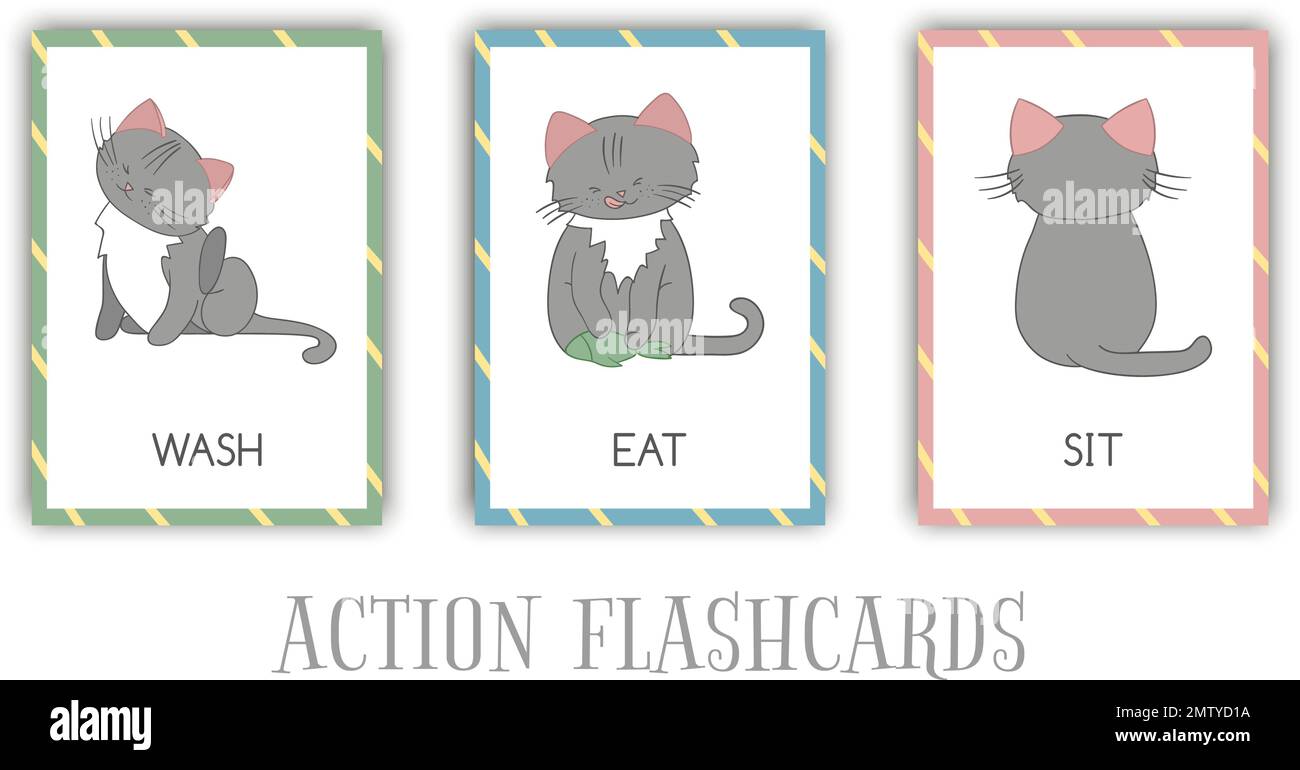 Vector set of actions flash cards with cat. Cute character washing ...