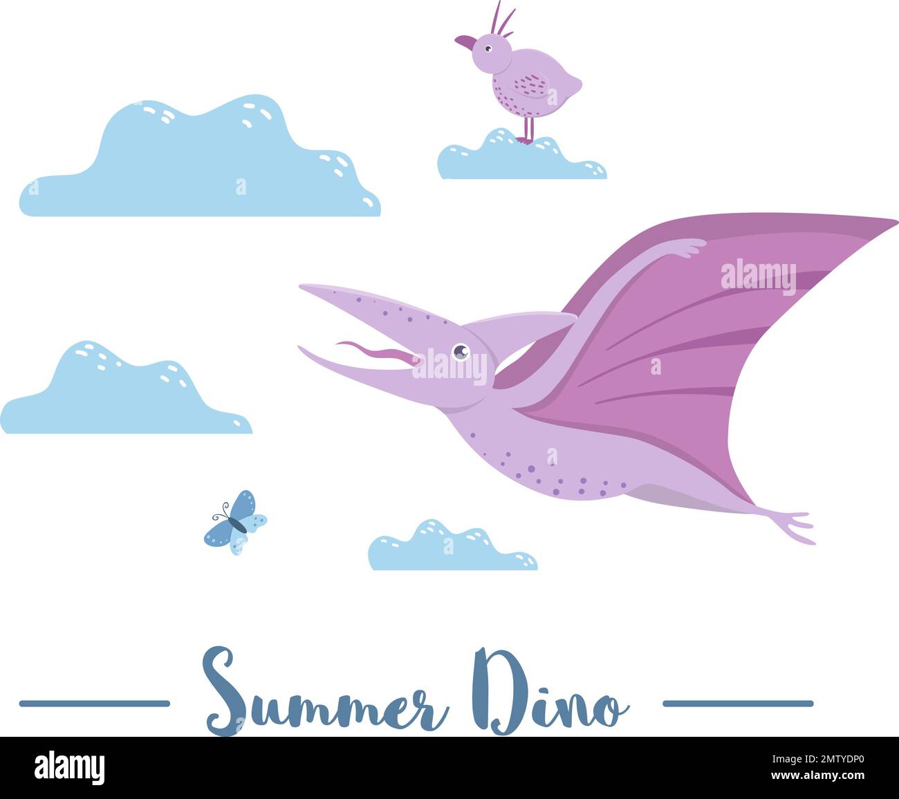 Illustration of dino flying among the clouds with bird and dragonfly ...