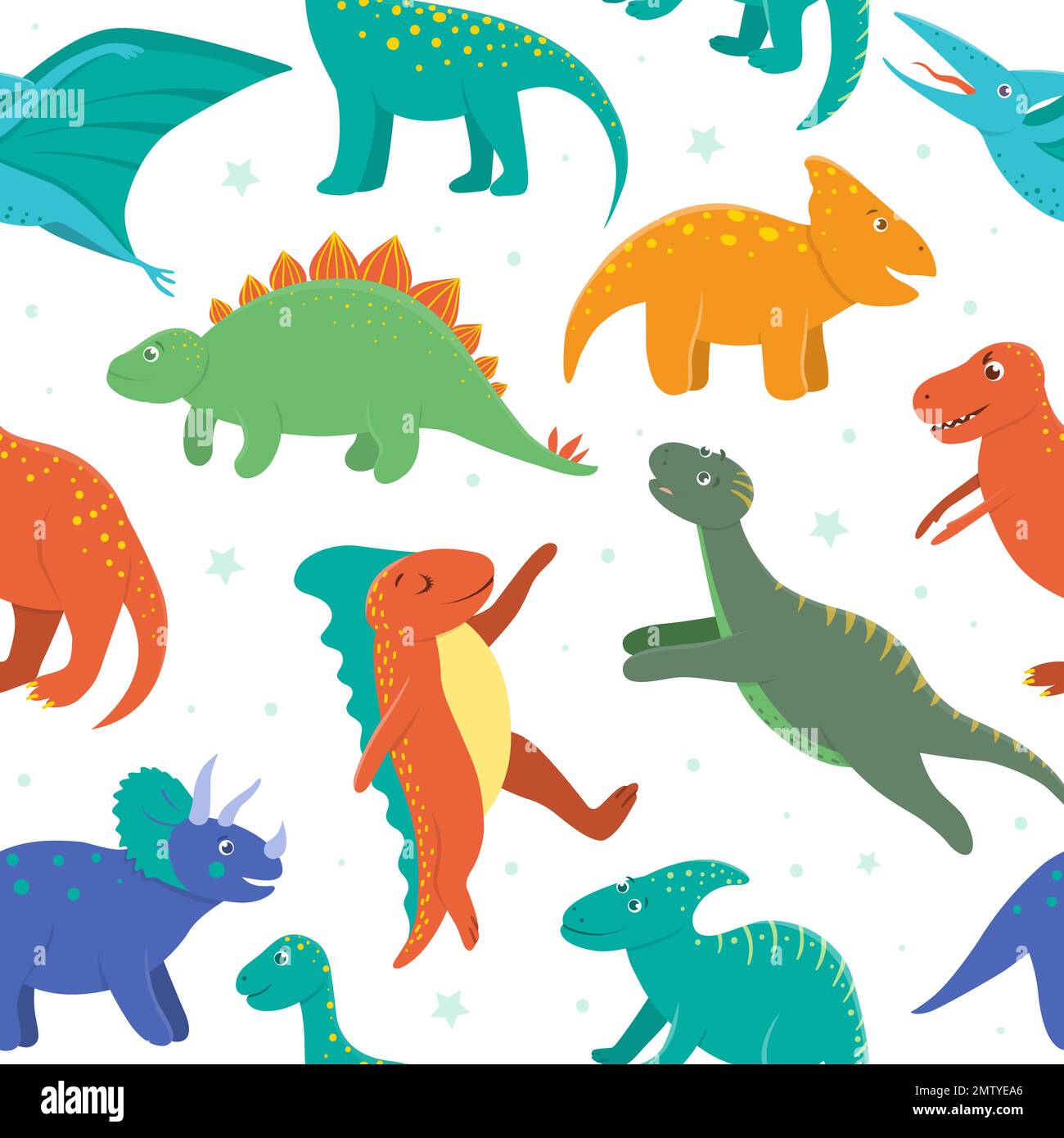 Vector seamless pattern with cute dinosaurs on white background. Funny ...