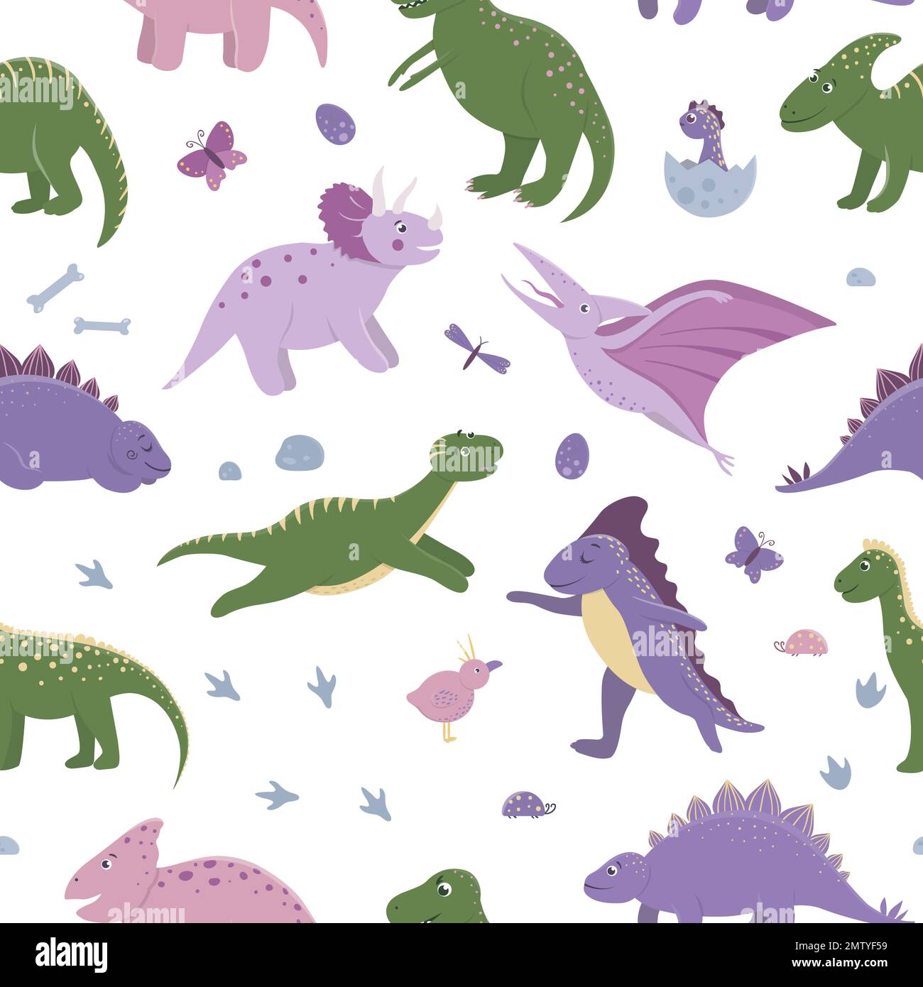Vector seamless pattern with cute dinosaurs with clouds, eggs, bones ...