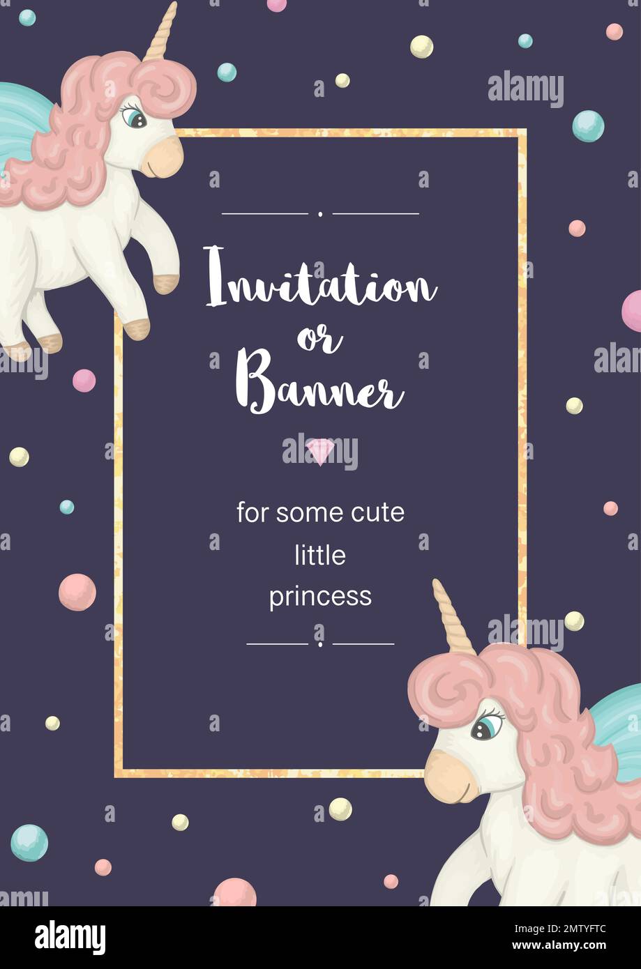 Vector vertical frame with colored unicorns. Card template for children ...