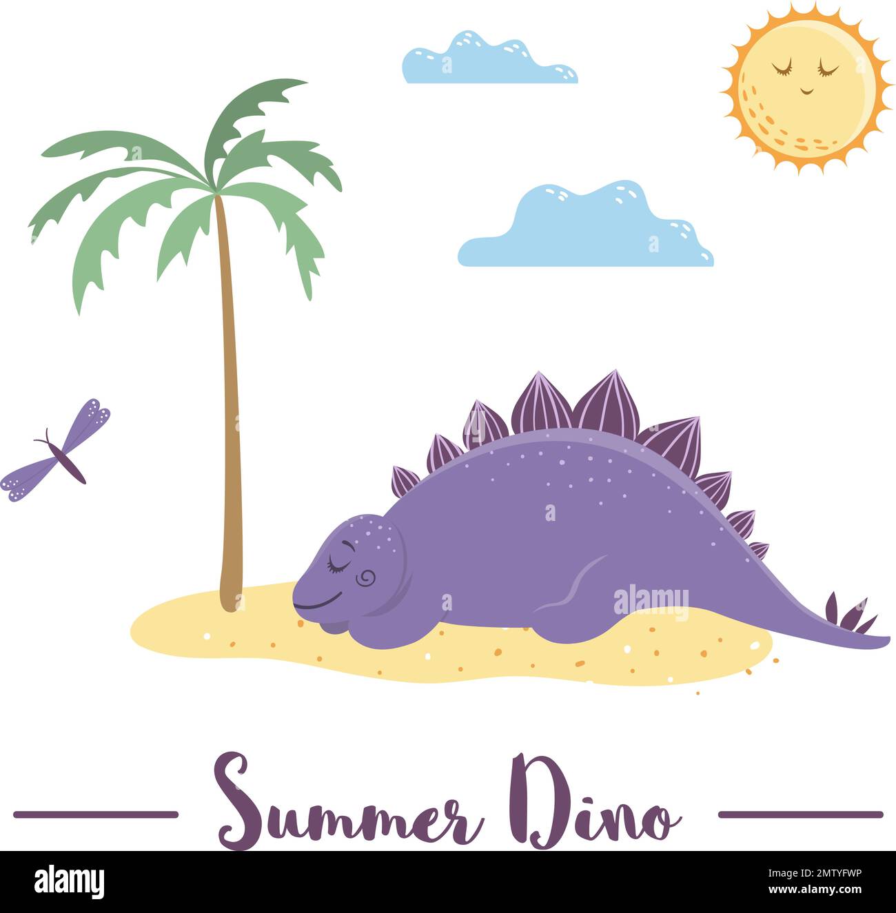 Illustration with dino sunbathing or sleeping under the palm tree ...