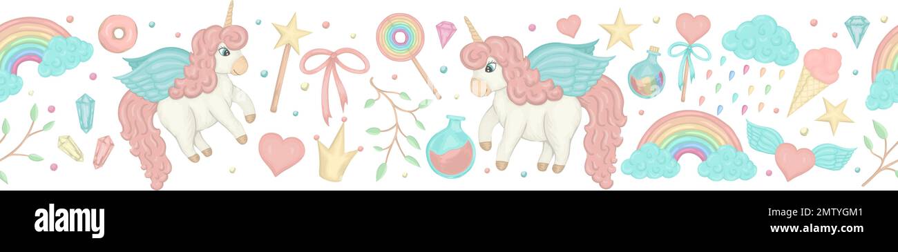 Vector seamless border brush with cute watercolor style unicorns ...