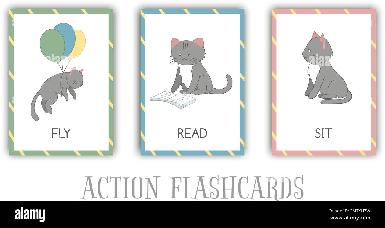 Vector set of actions flash cards with cat. Cute character flying ...