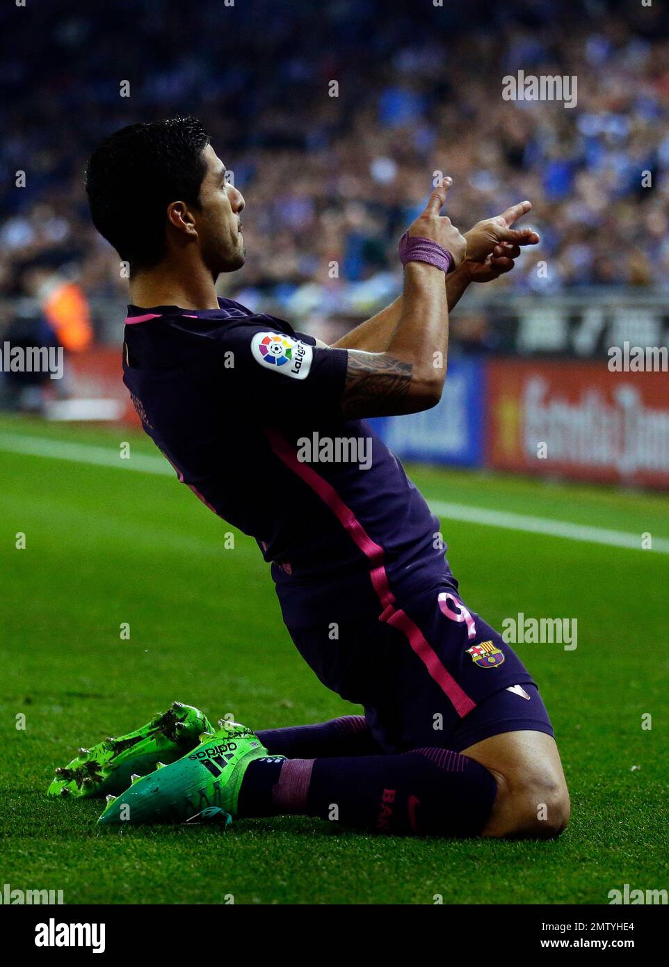 FC Barcelona's Luis Suarez reacts after scoring during the Spanish La ...