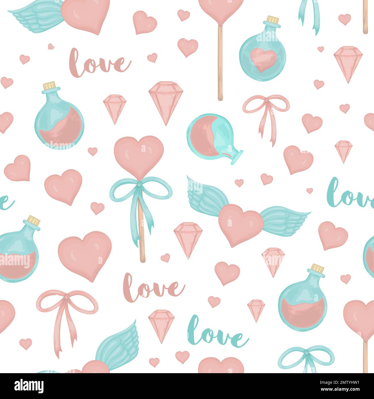 Vector seamless pattern with lollipop hearts, bows, magic potion, wings ...