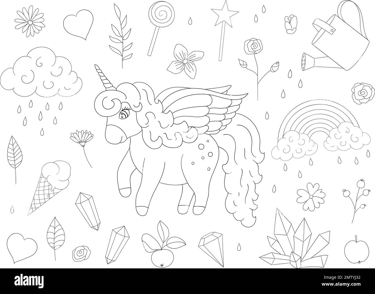 Vector set of cute unicorns, rainbow, clouds, crystals, hearts, flowers ... Vector set of cute unicorns, rainbow, clouds, crystals, hearts, flowers ...
