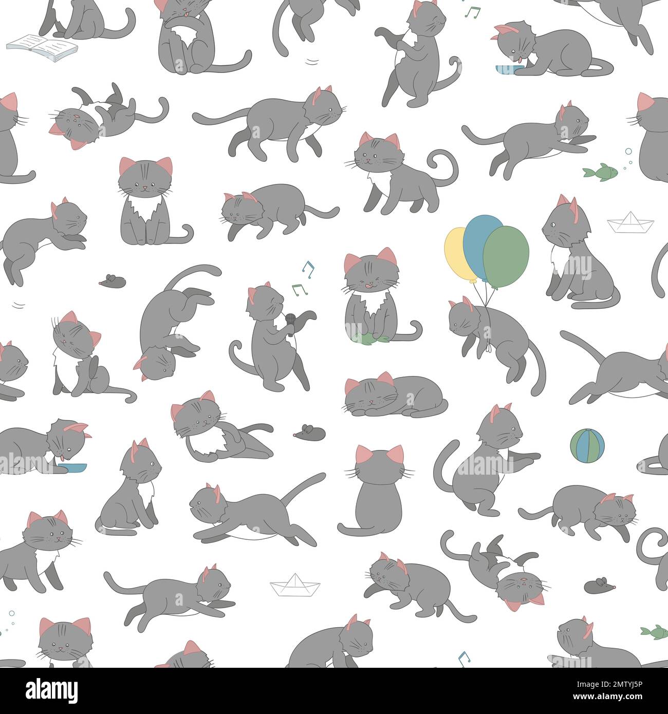 Vector seamless pattern of cute cartoon style cat in different poses ...