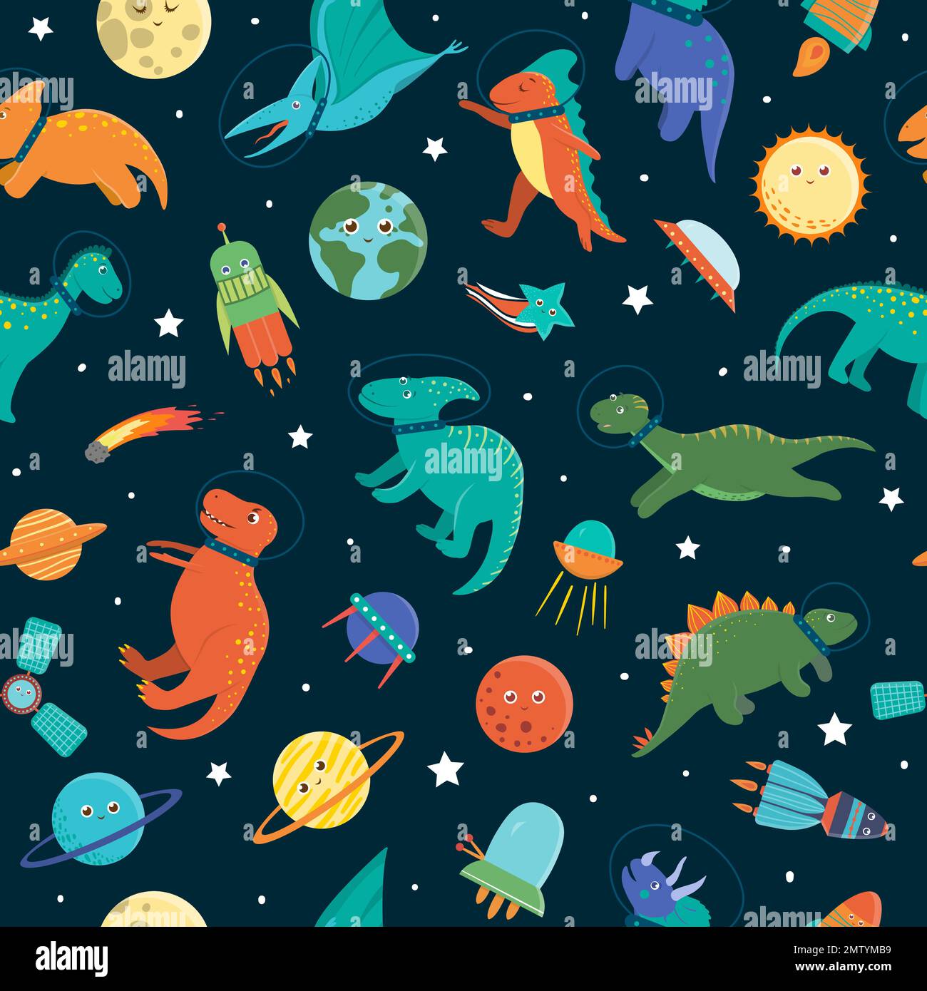 Vector seamless pattern with cute dinosaurs in outer space. Funny flat ...