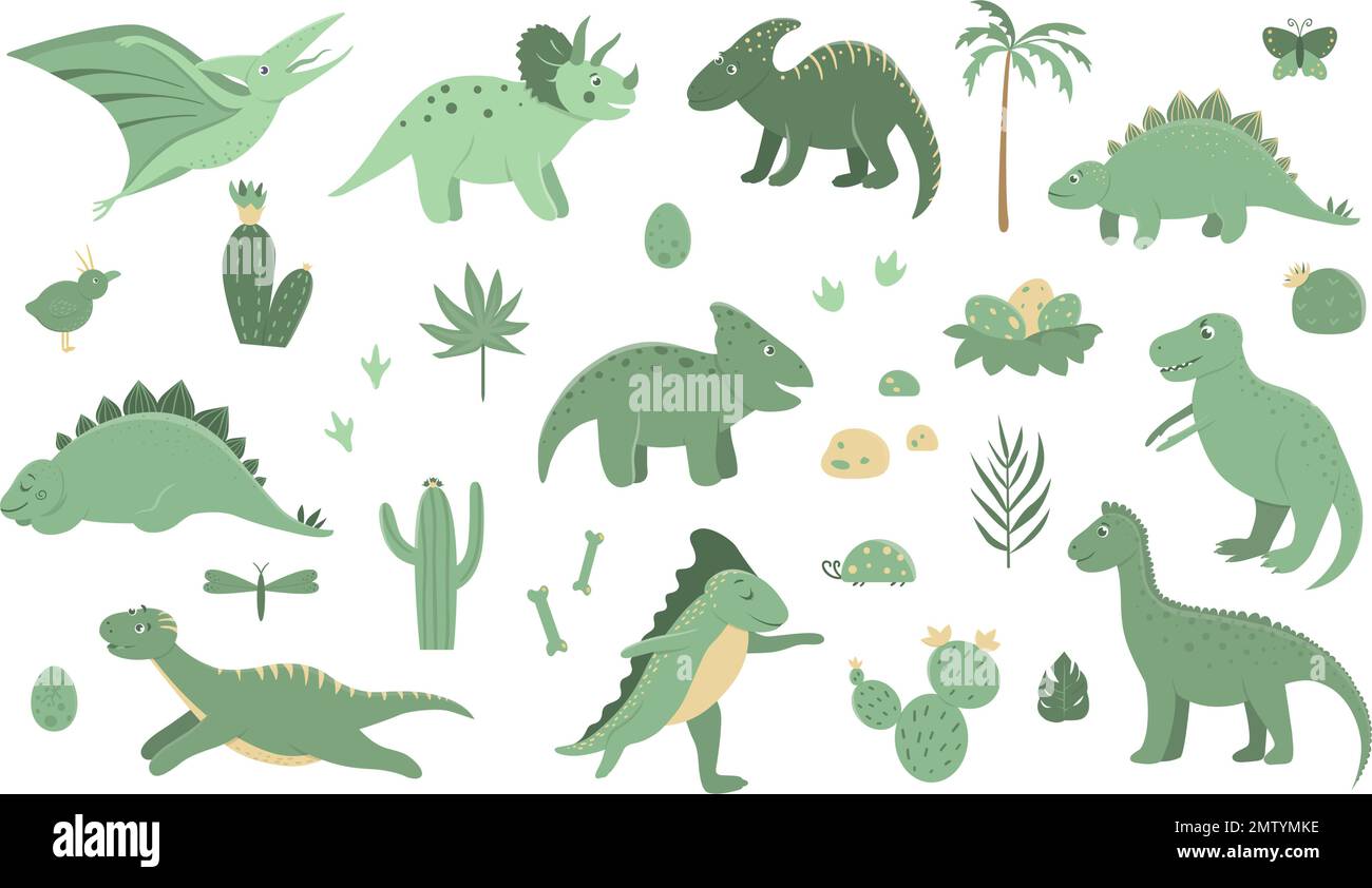 Vector set of cute green dinosaurs with palm trees, cactus, stones ...