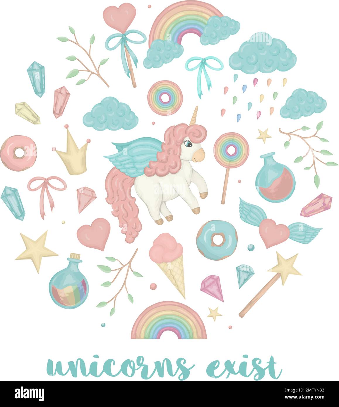 Vector set of cute watercolor style unicorn, rainbow, clouds, donuts ...