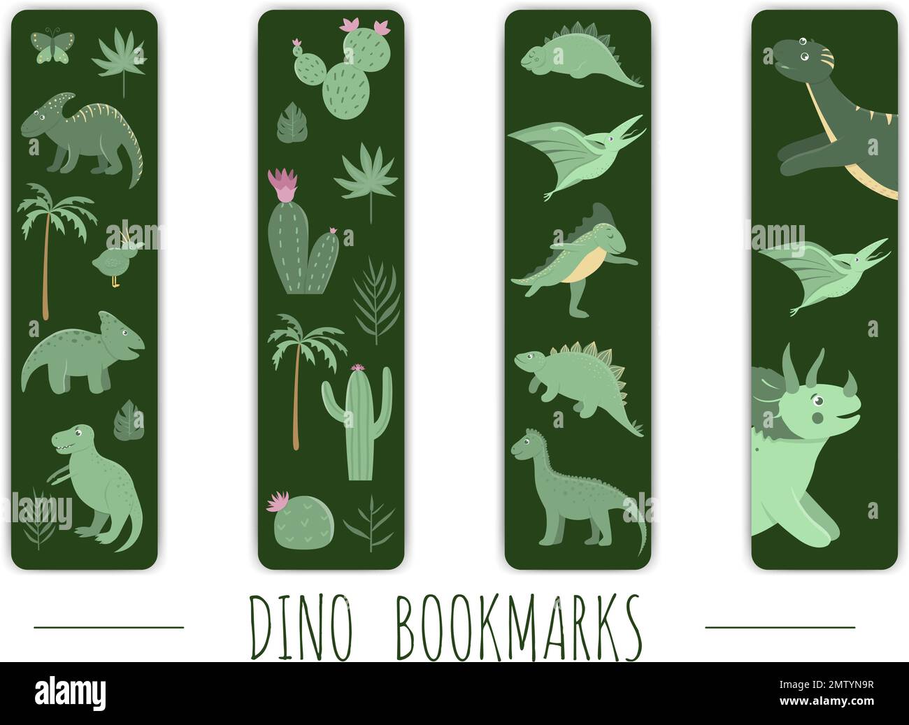 Vector set of cute bookmarks with green dinosaurs. Sweet vertical ...