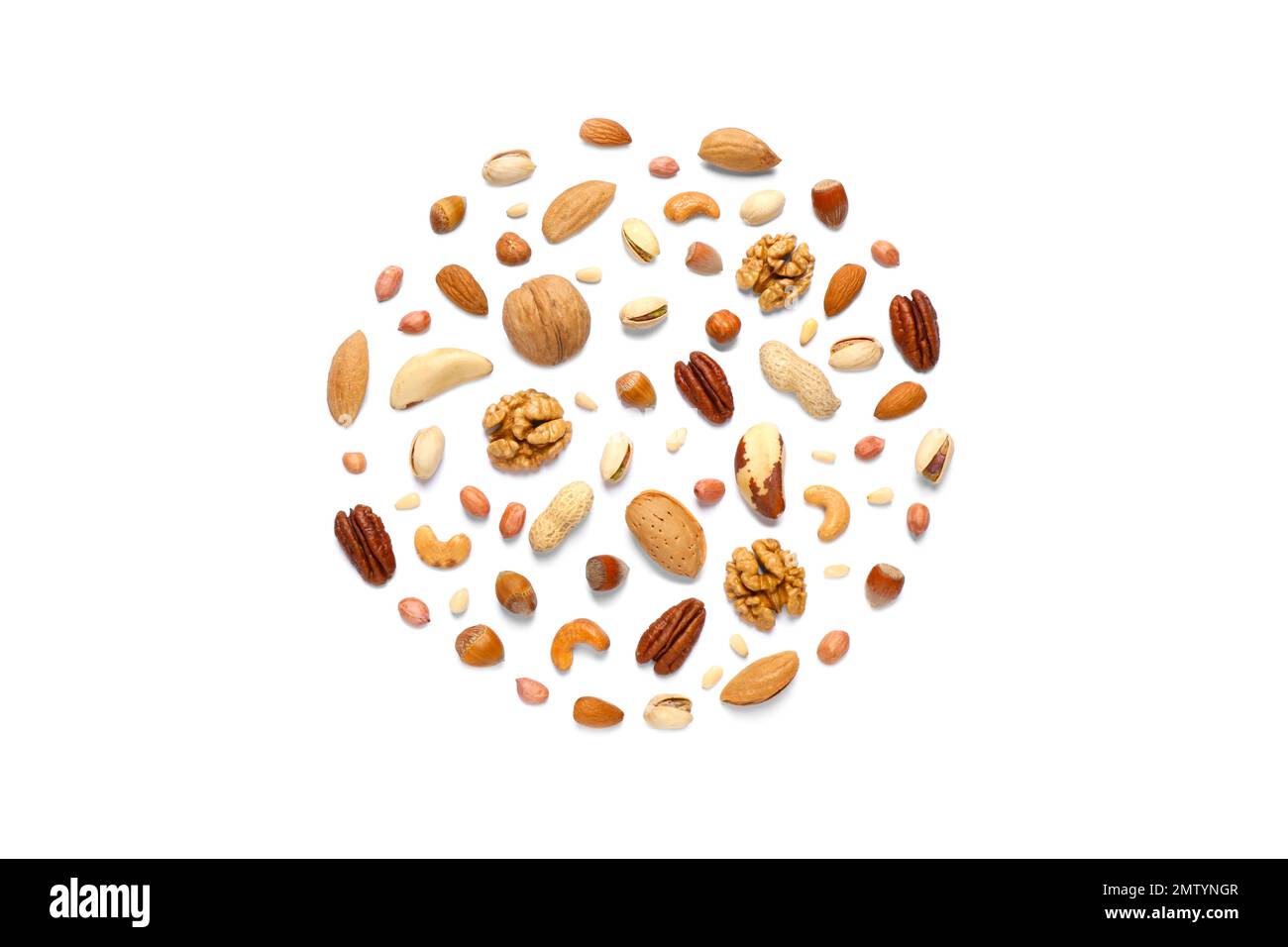 Different delicious nuts on white background, flat lay Stock Photo - Alamy