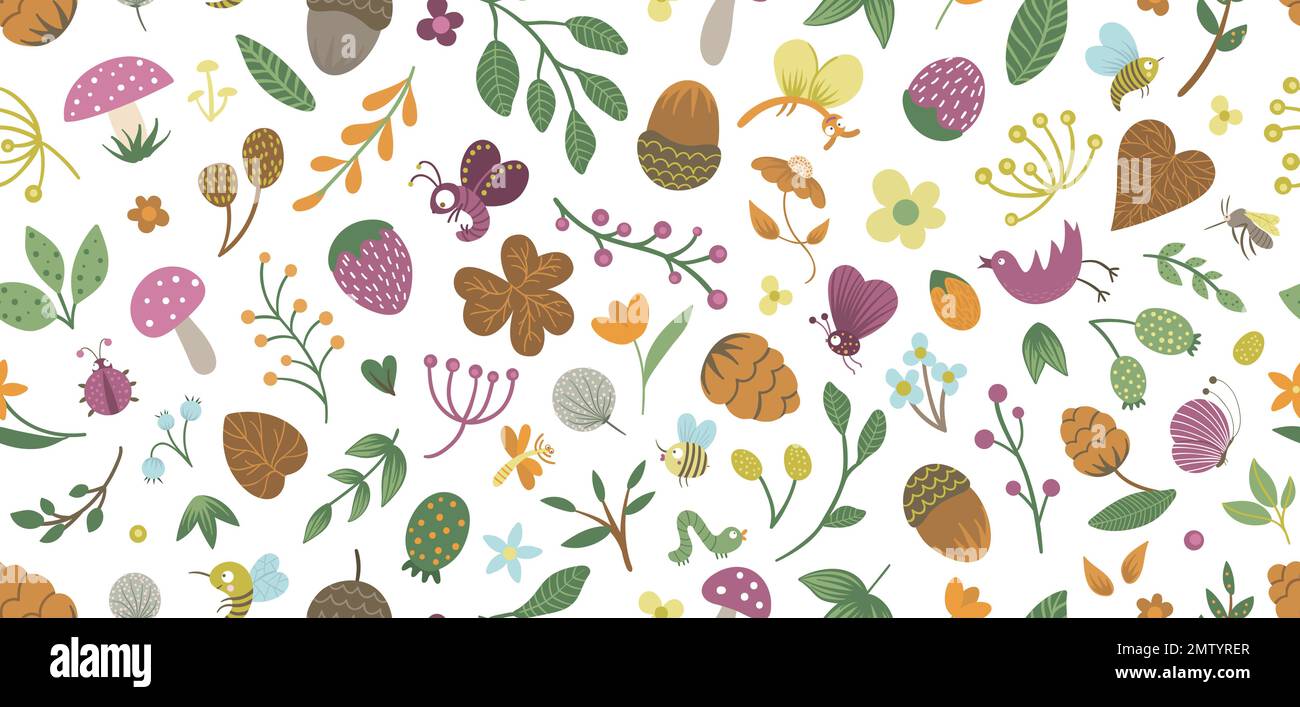 Vector seamless pattern of cute flat woodland insects and plants ...