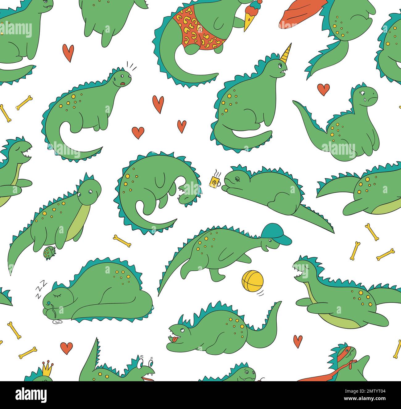 Vector seamless pattern of funny colored dinosaurs in different poses ...