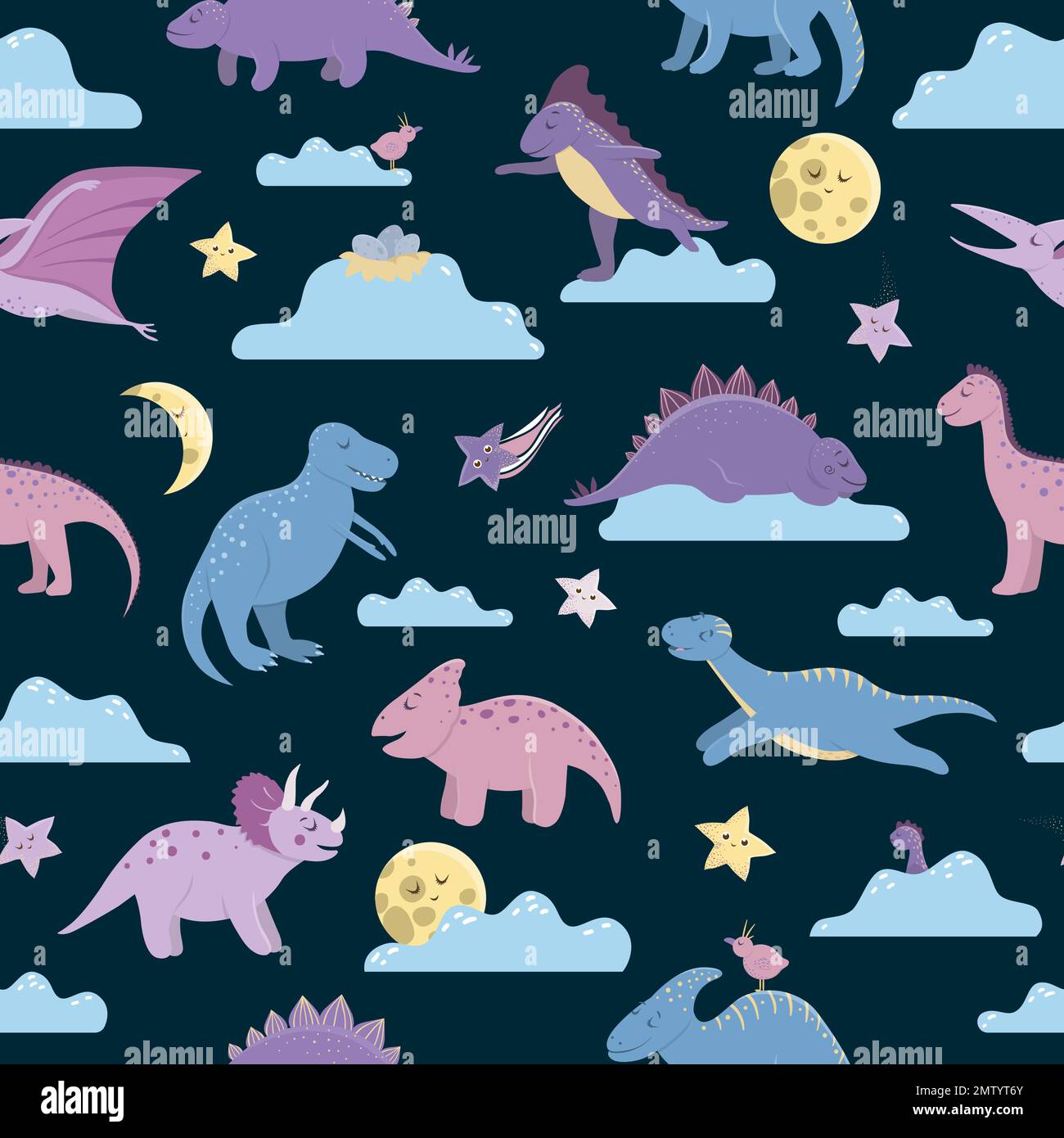 Vector seamless pattern with cute dinosaurs on night sky with clouds ...