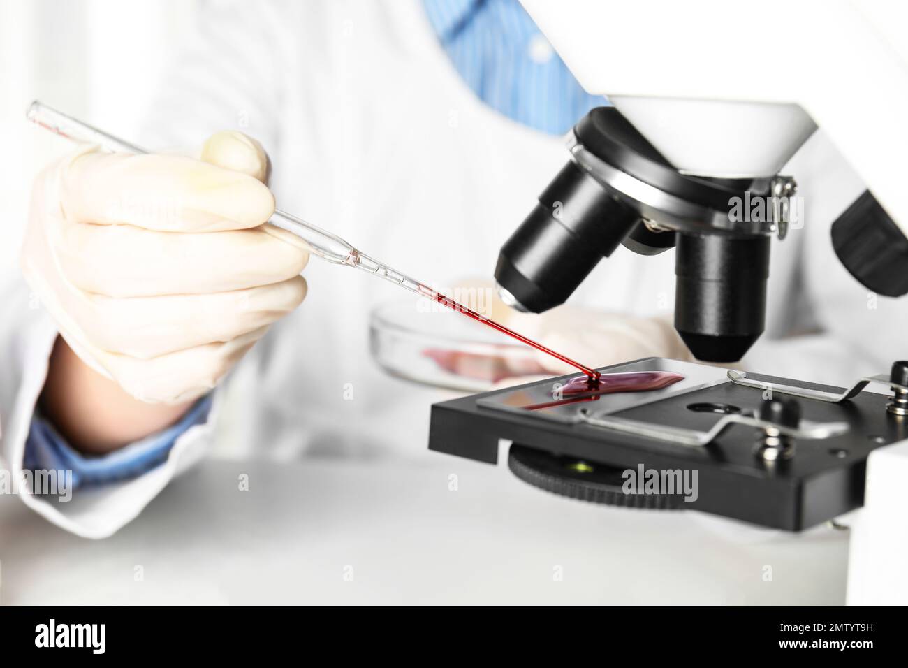 Scientist dripping blood sample onto slide on microscope in laboratory ...