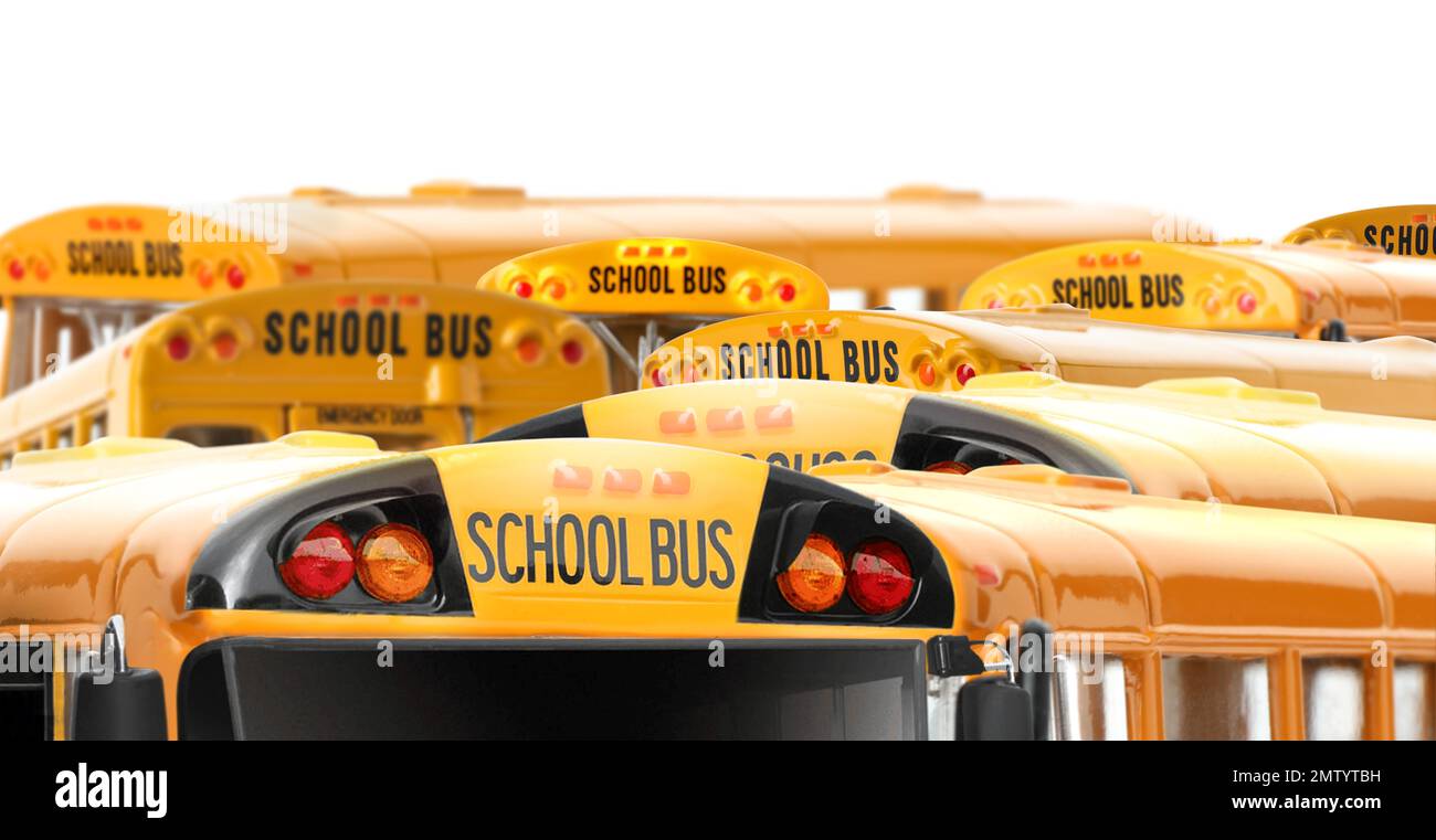 Yellow school buses on white background. Transport for students Stock ...