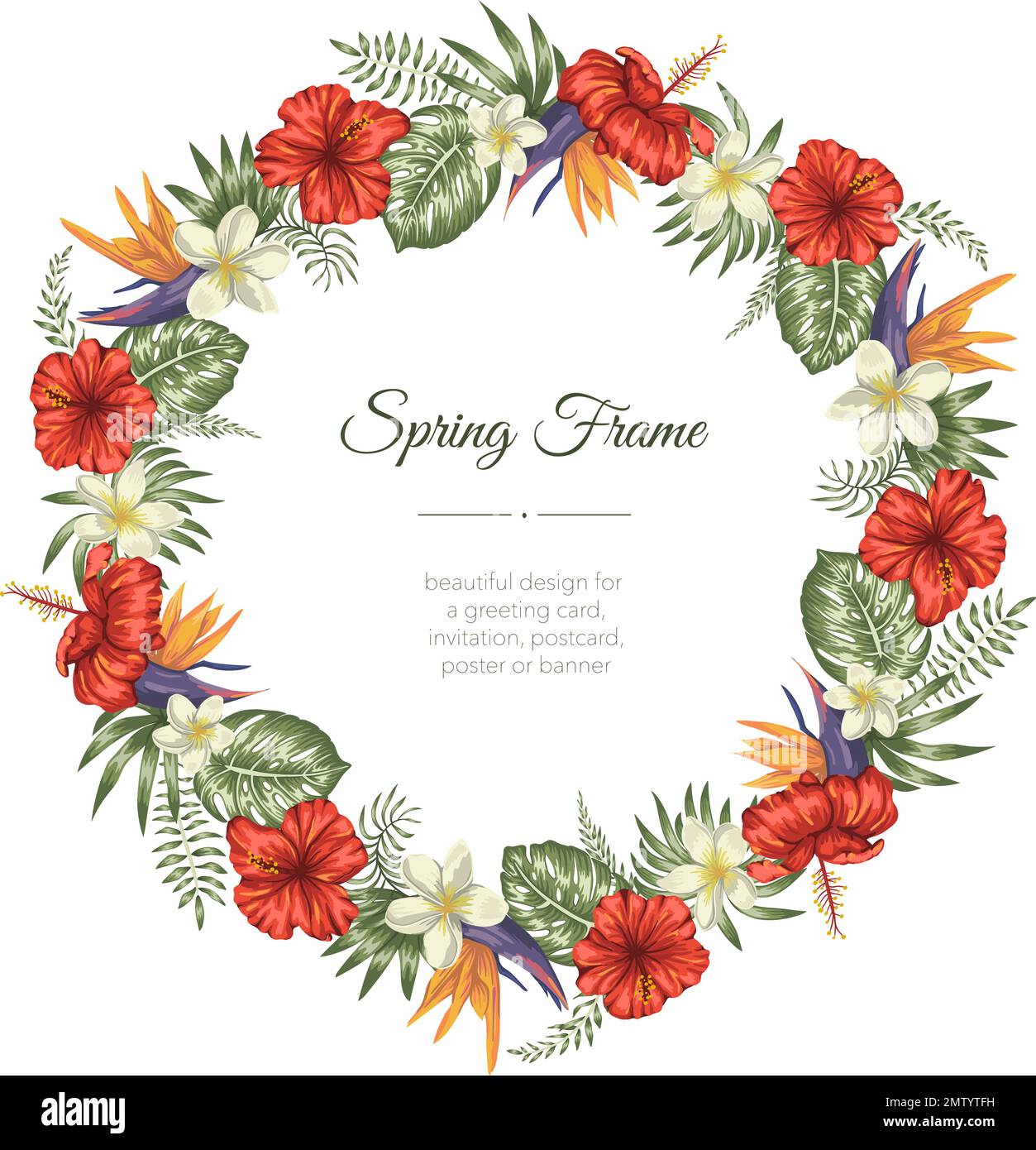 Vector frame template with tropical leaves and flowers on white ...