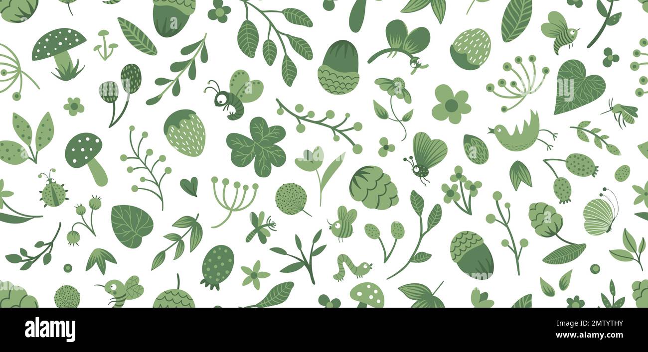 Vector seamless pattern of cute flat woodland insects and plants ...