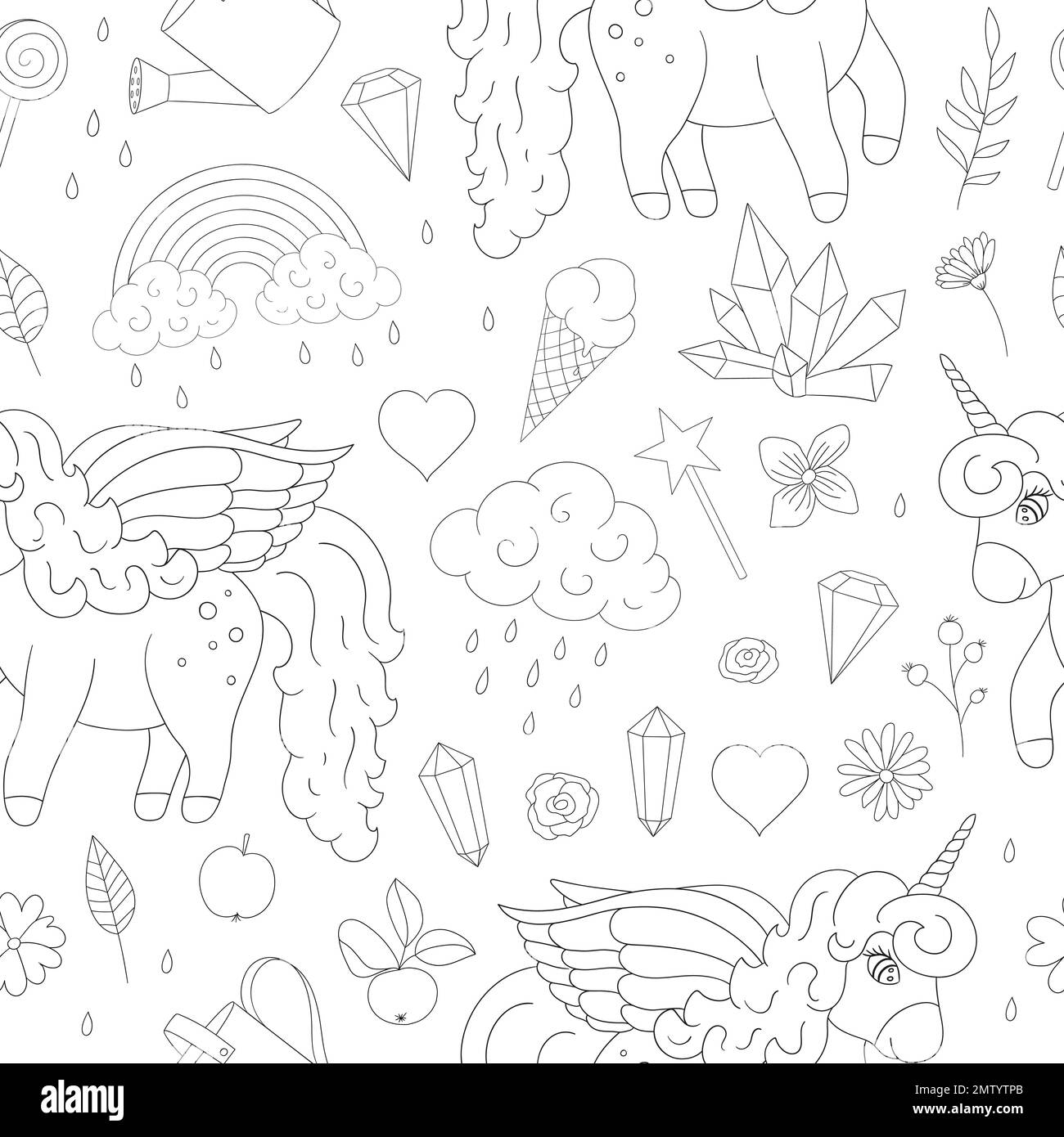 Vector seamless pattern of cute unicorns, rainbow, clouds, crystals ...