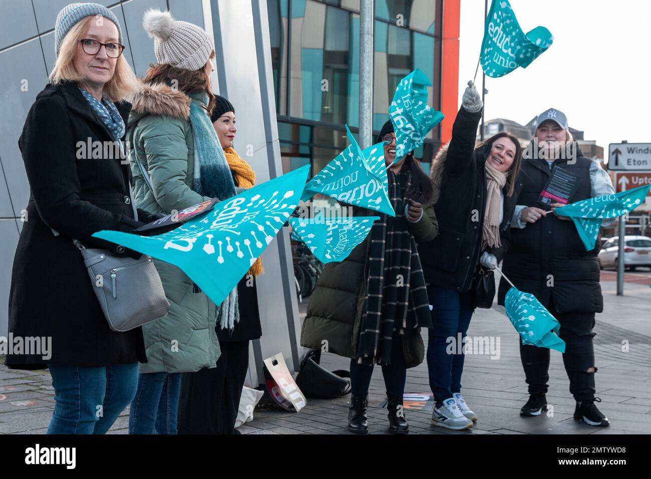 Slough, UK. 1st February, 2023. Teachers attend a rally organised by ...