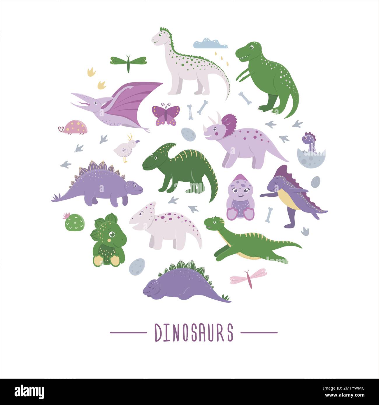 Vector set of cute dinosaurs with clouds, eggs, bones, birds for ...