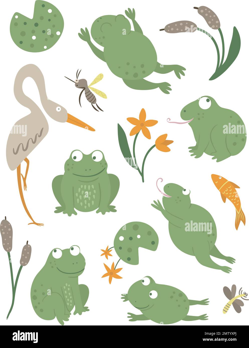 Vector set of cartoon style flat funny frogs in different poses with ...