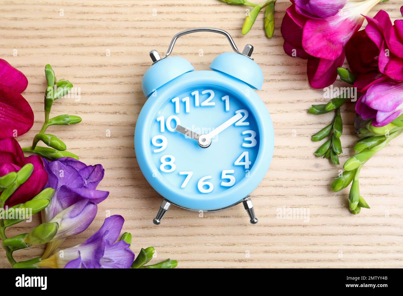 Light blue alarm clock and spring flowers on wooden table, flat lay ...