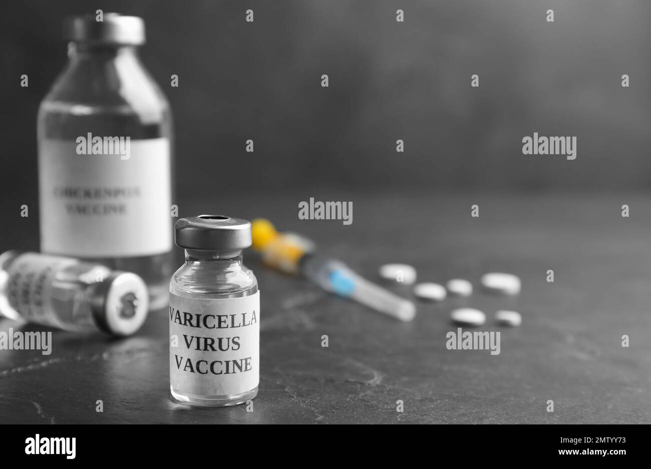 Chickenpox vaccine and syringe on grey background, space for text ...