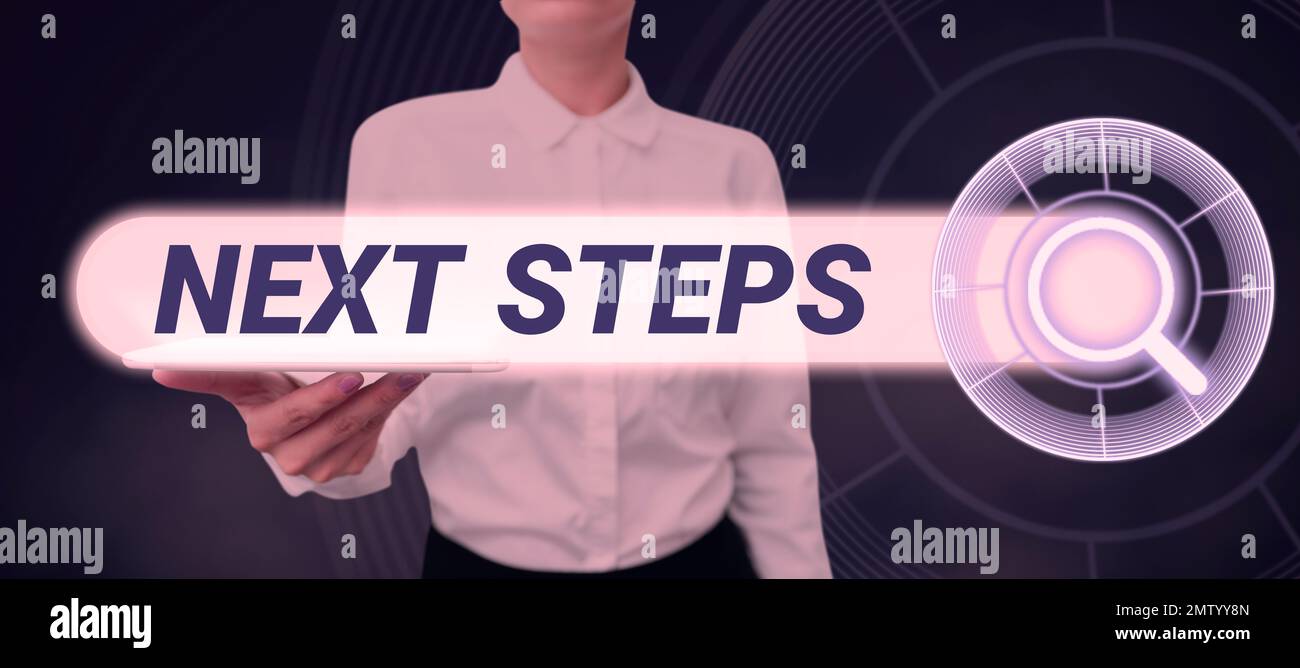 Text caption presenting Next Steps. Word Written on numper of process ...
