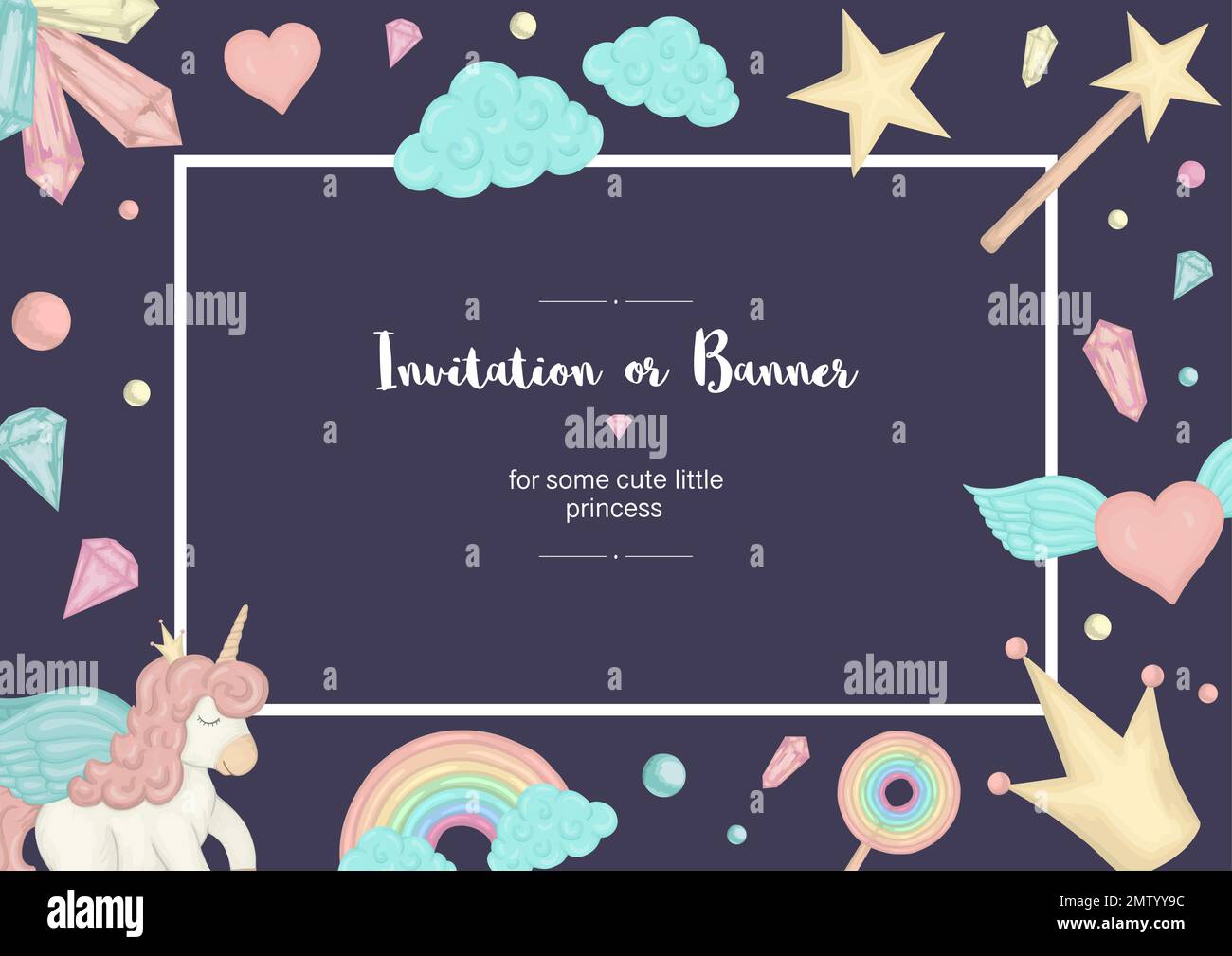 Vector horizontal frame with colored unicorns. Card template for ...